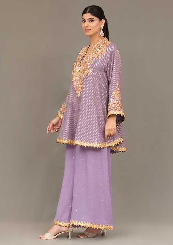 Lavender Blush Embroidered Mukesh Top With Palazzo Pants - Shazia Hashwani
